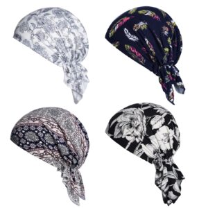 4pcs pre-tied chemo head scarf beanie covers cap head scarves sleep turban hat women bandana with stretch print ruffle multicolor