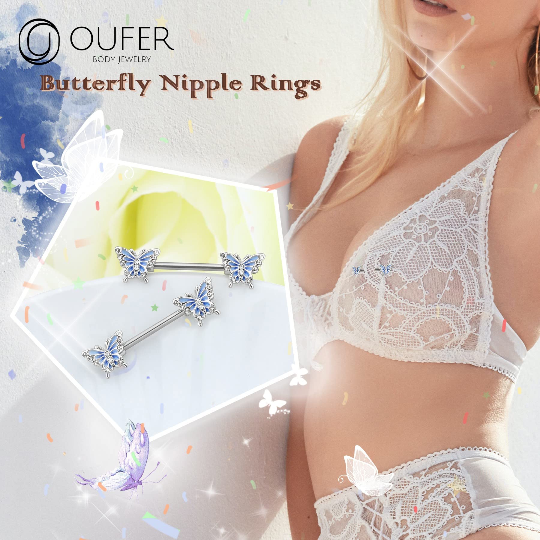 OUFER Butterfly Nipple Rings, 316L Surgical Steel Paved Shiny Clear CZ Nipple Barbells,14G Nipple Piercing jewelry For Women