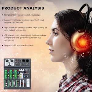 Asmuse Audio Mixer, Professional Sound Board Console System Interface 4 Channel, Bluetooth Dj Sound Mixer Board for Streaming Karaoke PC Guitar, Digital USB MP3 Computer Input 48V Phantom Power Stereo