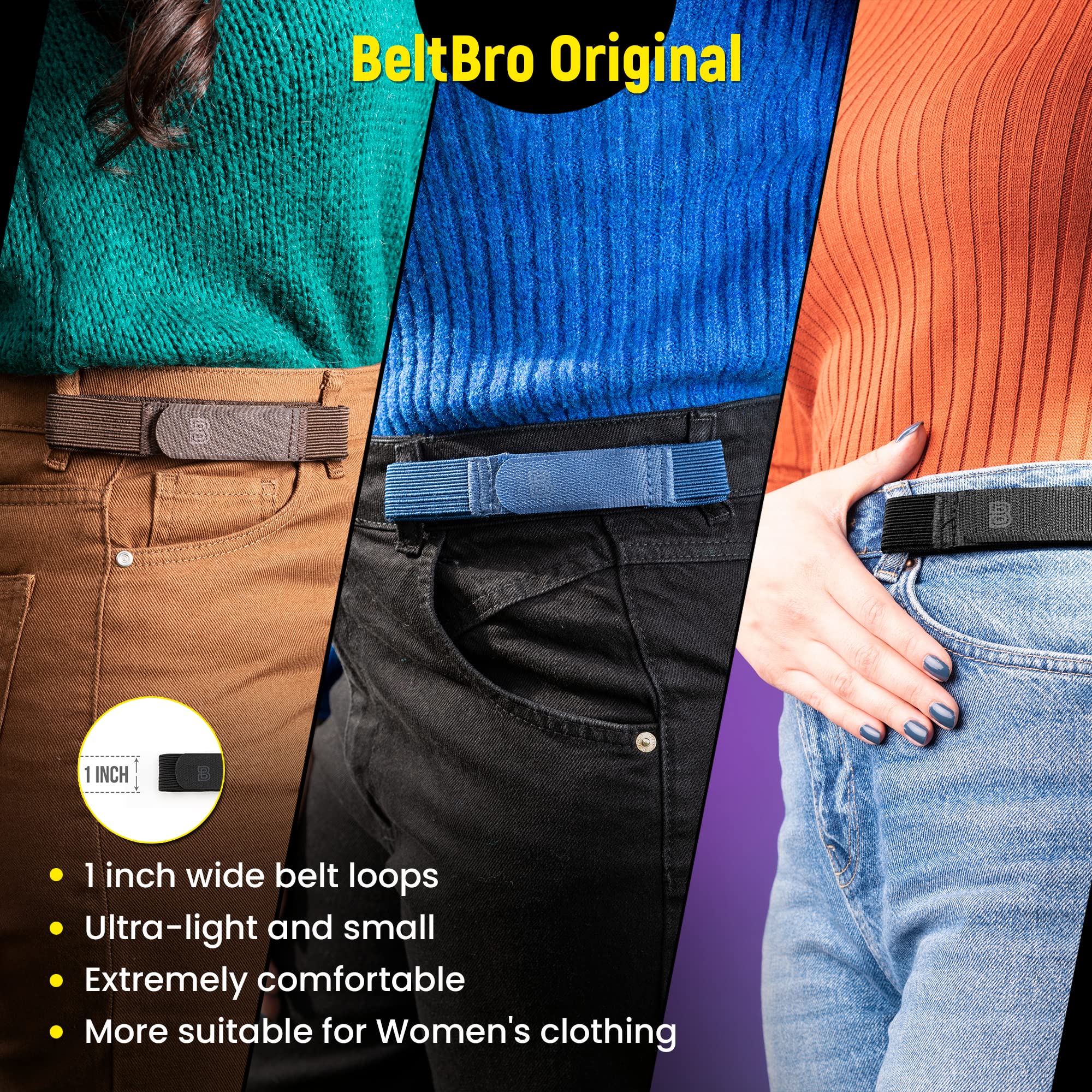 BeltBro For Women No Buckle Elastic Belt — 6 Pack (S, M, L) x 2 — Fits 1 Inch Belt Loops, Easy To Use