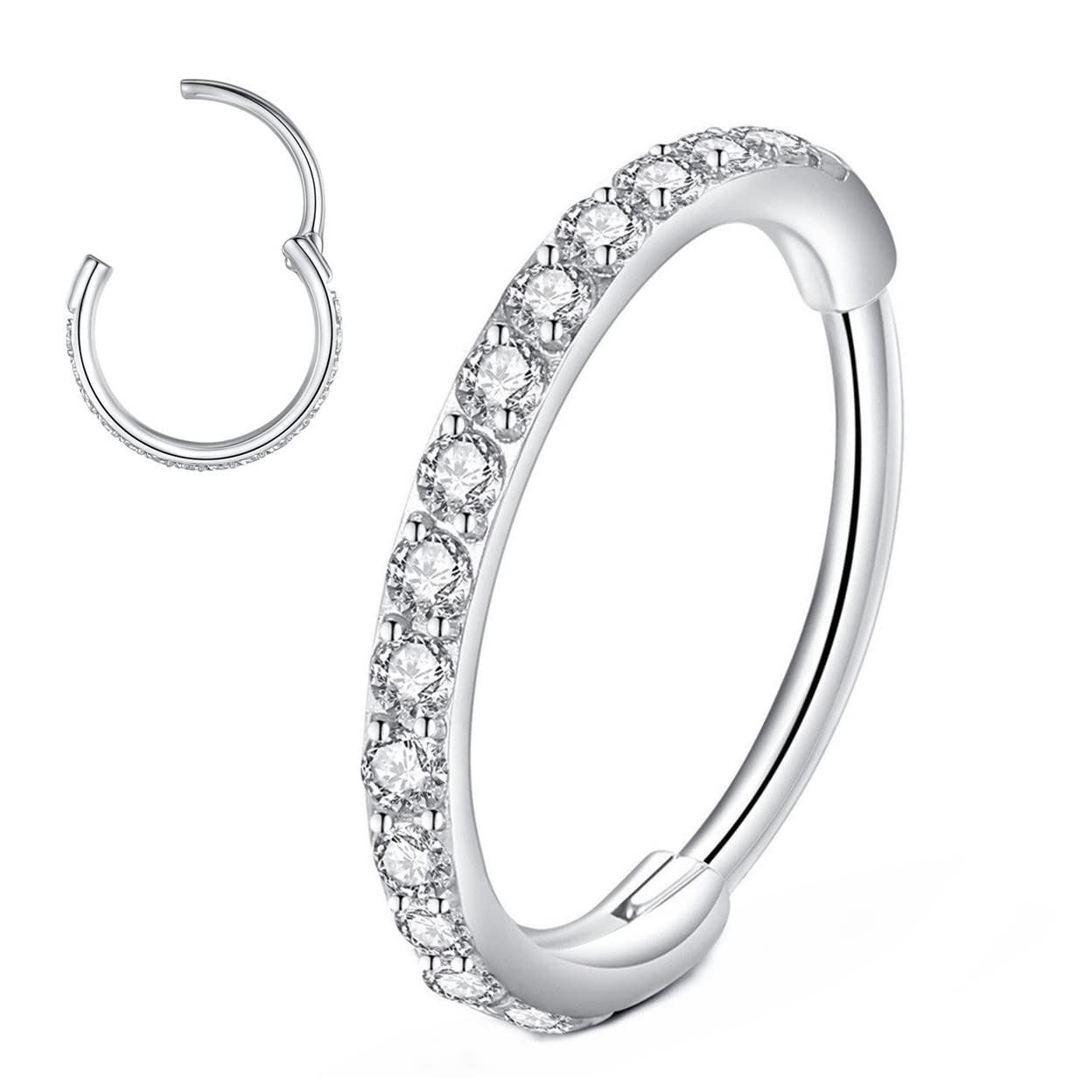 L7L7WM CZ Hinged Segment Nose Rings Hoop 316L Surgical Steel Cubic Zirconia Conch Daith Helix Tragus Body Piercing Jewelry Lip Rings Cartilage Earrings 20G 18G 16G Stainless Steel Septum Clicker Ring,