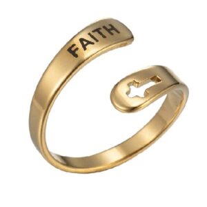 stainless steel christian cross engraved love faith hope blessed ring polished opening adjustable letter religious ring for women men birthday jewelry gift-h gold faith