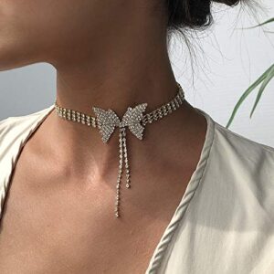 aomcisi sexy shining crystal full rhinestone choker crystal butterfly choker for lady party jewelry (silver)