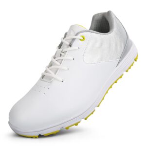 waterproof golf shoes for men spikeless outdoor golf sport training sneakers classic mens golf trainers size 13 14 … (white yellow, numeric_10)