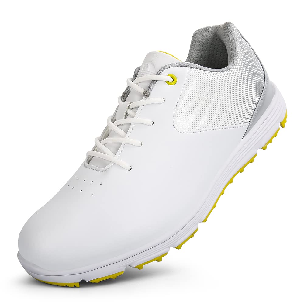 Waterproof Golf Shoes for Men Spikeless Outdoor Golf Sport Training Sneakers Classic Mens Golf Trainers Size 13 14 … (White Yellow, numeric_10)