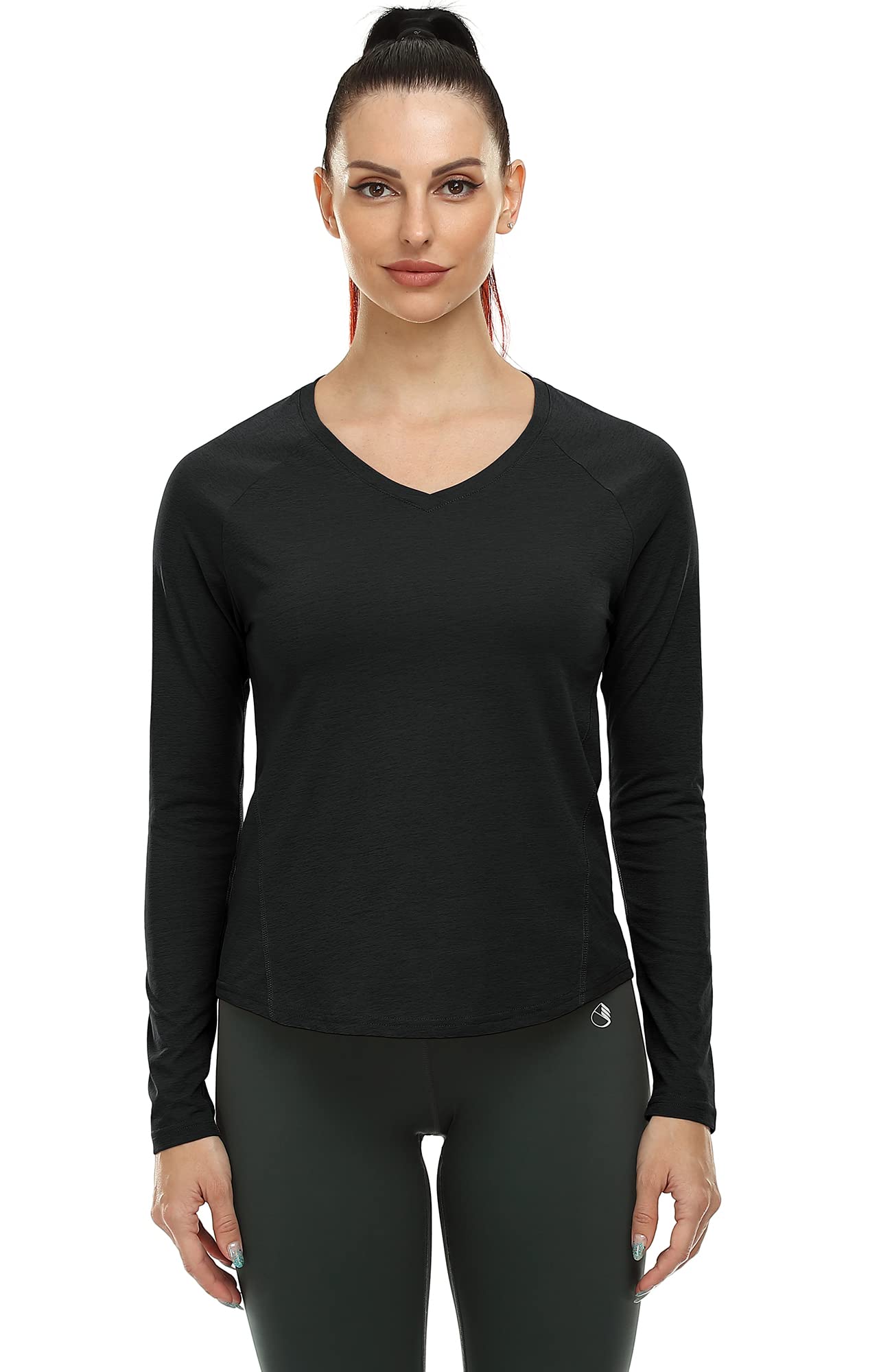 icyzone V-Neck Long Sleeve Workout Shirts for Women, Quick Dry Fitness Athletic Running Yoga Tops (Black, S)