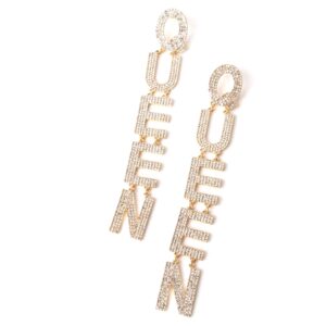 Boho Crystal Tassel Pendant Earrings Rhinestones Long Letter Earrings Flash Diamonds Bridal Body Jewelry For Women (QUEEN-gold)