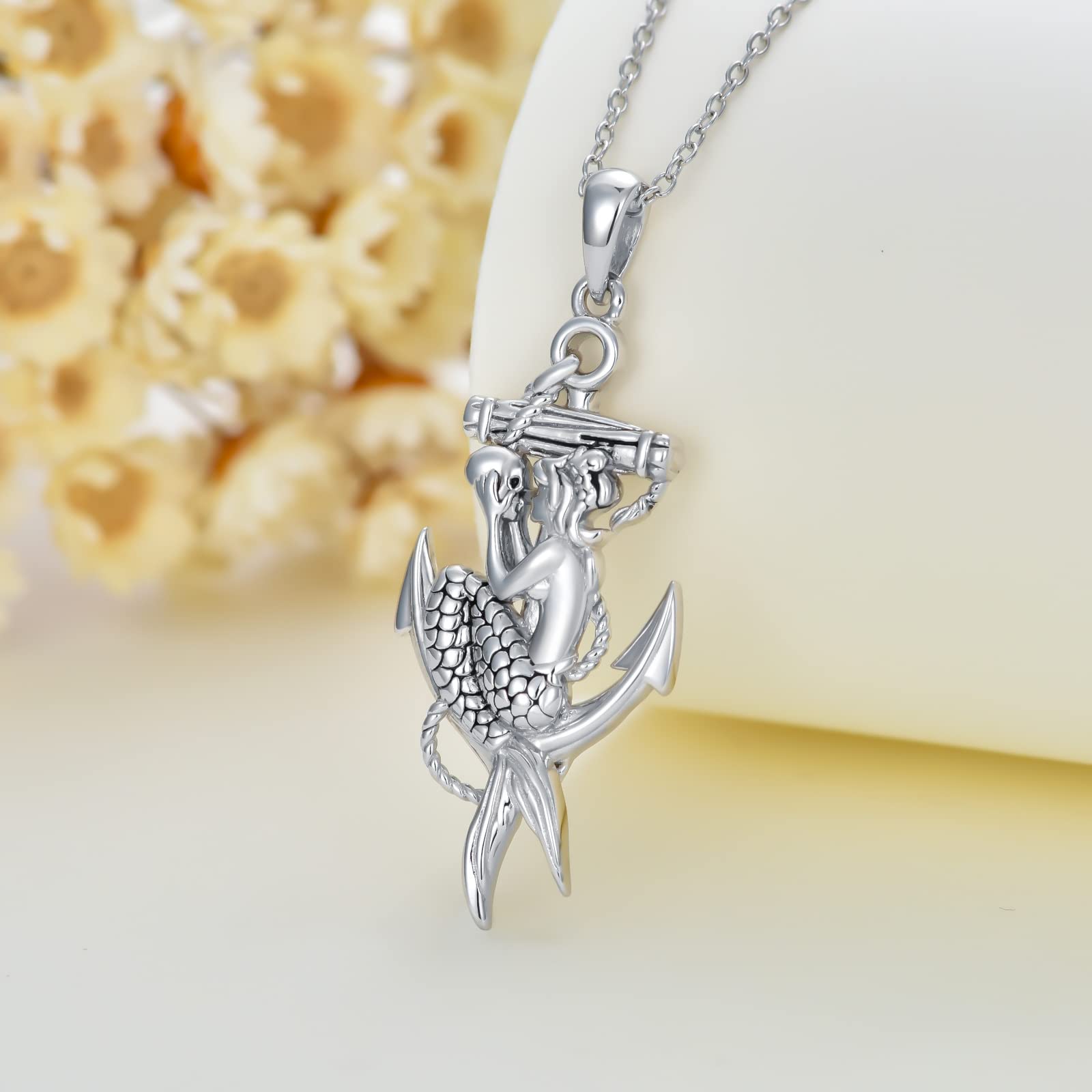 PELOVNY Mermaid Necklace 925 Sterling Silver Anchor Necklace Skull Pendant Mermaid Jewelry Mermaid Gift for Women Friends