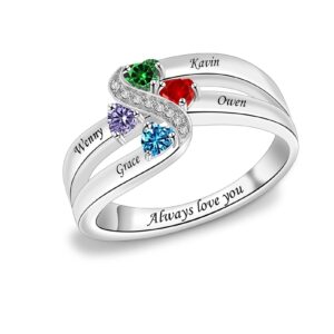 sterling silver mothers rings with 1-6 birthstones women personalized rings engraving family name rings custom rings for mom grandma nana (4 stone)