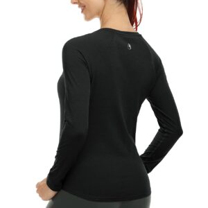 icyzone V-Neck Long Sleeve Workout Shirts for Women, Quick Dry Fitness Athletic Running Yoga Tops (Black, S)