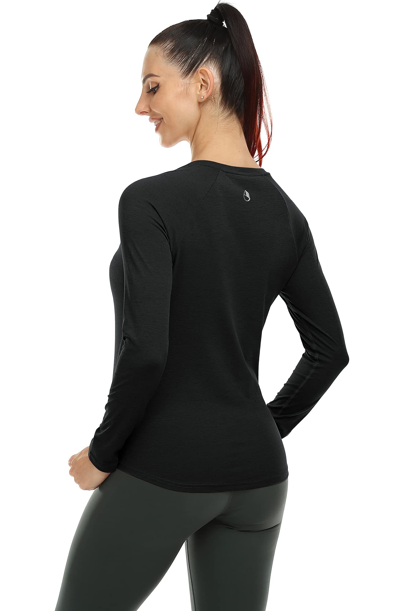 icyzone V-Neck Long Sleeve Workout Shirts for Women, Quick Dry Fitness Athletic Running Yoga Tops (Black, S)