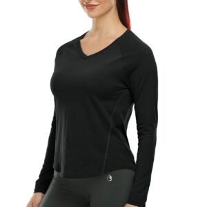 icyzone V-Neck Long Sleeve Workout Shirts for Women, Quick Dry Fitness Athletic Running Yoga Tops (Black, S)