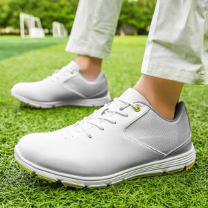 Waterproof Golf Shoes for Men Spikeless Outdoor Golf Sport Training Sneakers Classic Mens Golf Trainers Size 13 14 … (White Yellow, numeric_10)