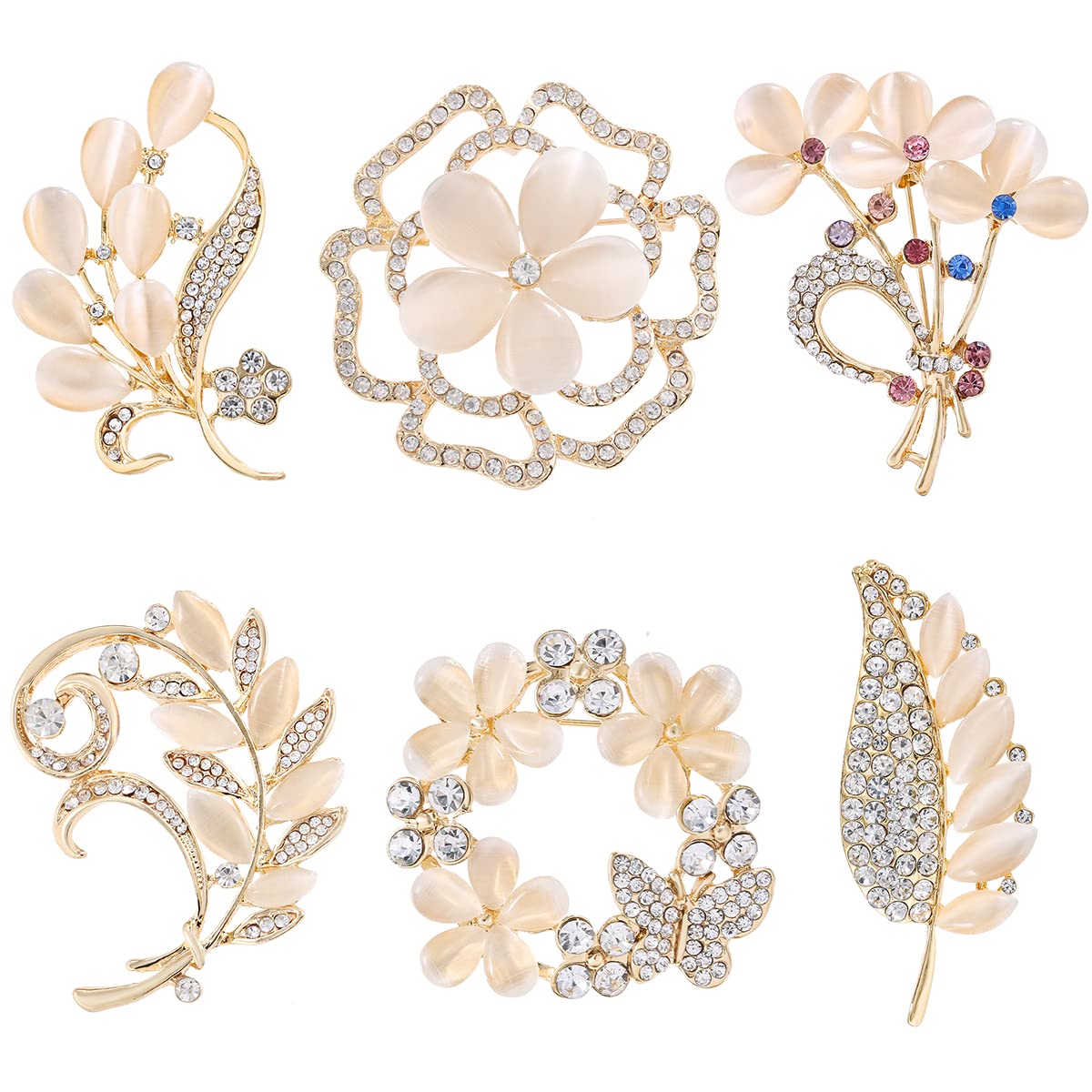 WMHaiMo Lot 6pcs Opal Cat's Eye Stone Crystal Rhinestone Leaf Flower Brooch Pin set for Women