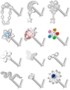 tornito 12pcs nose ring nose stud l shaped snake butterfly cz flower moon dangle nose rings stud for women men silver tone 20g