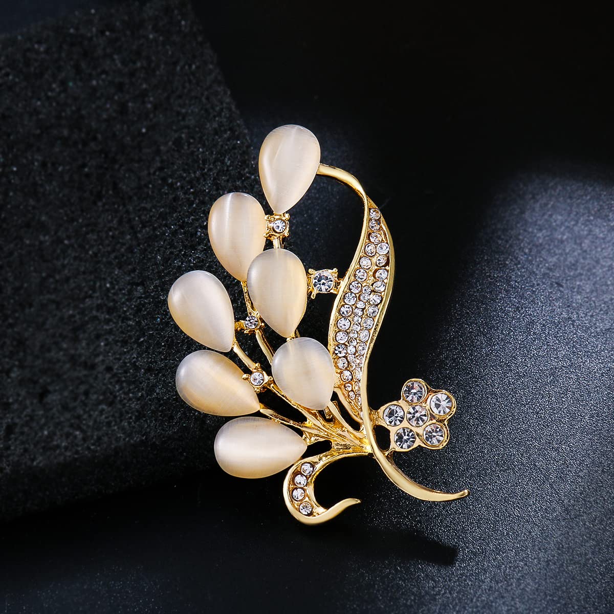 WMHaiMo Lot 6pcs Opal Cat's Eye Stone Crystal Rhinestone Leaf Flower Brooch Pin set for Women