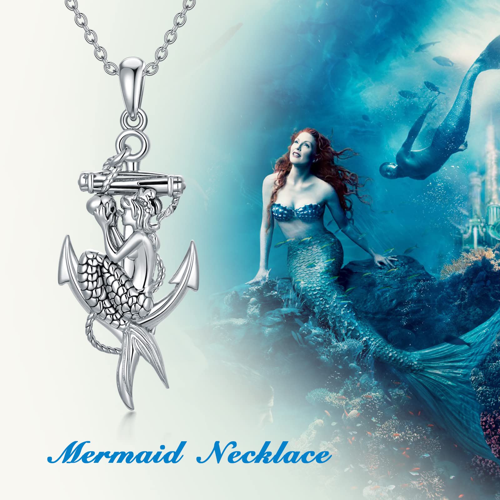 PELOVNY Mermaid Necklace 925 Sterling Silver Anchor Necklace Skull Pendant Mermaid Jewelry Mermaid Gift for Women Friends