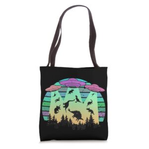 funny ufo alien abduction dinosaur retro aesthetic camping tote bag