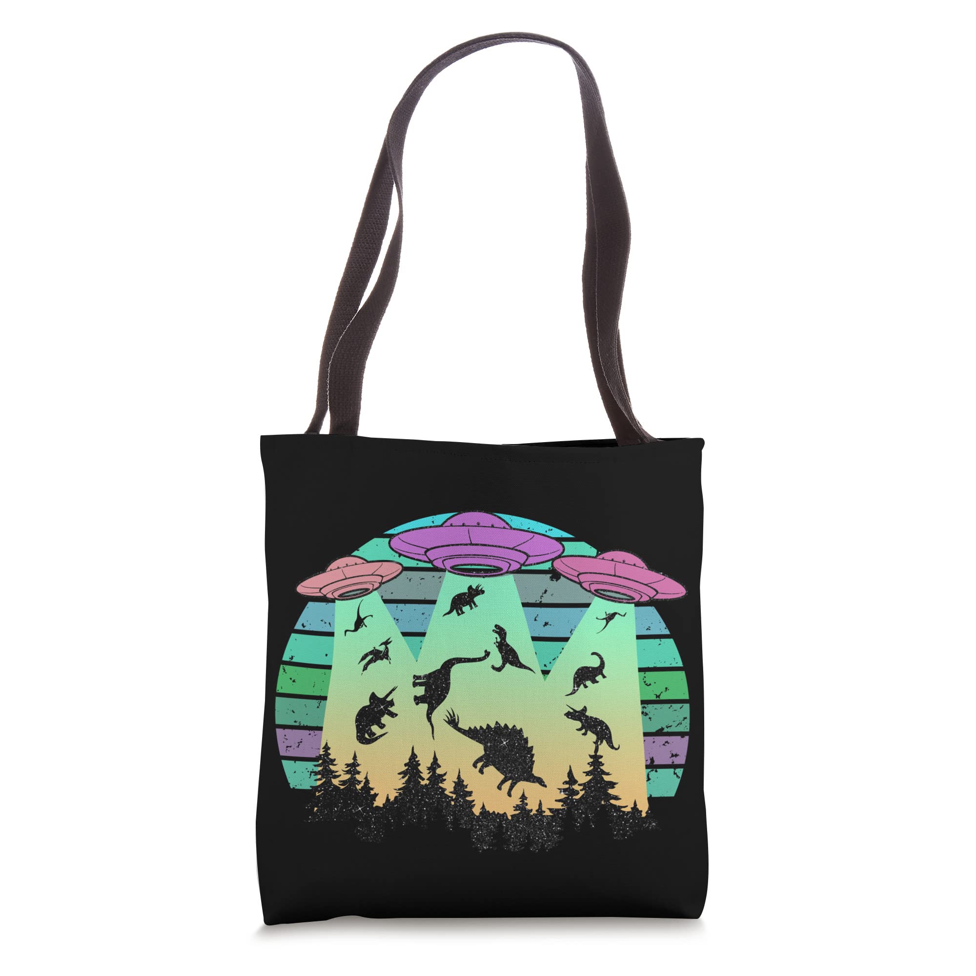 Funny UFO Alien Abduction Dinosaur Retro Aesthetic Camping Tote Bag