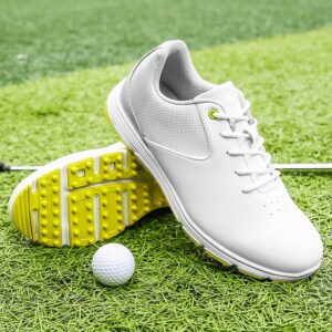 Waterproof Golf Shoes for Men Spikeless Outdoor Golf Sport Training Sneakers Classic Mens Golf Trainers Size 13 14 … (White Yellow, numeric_10)