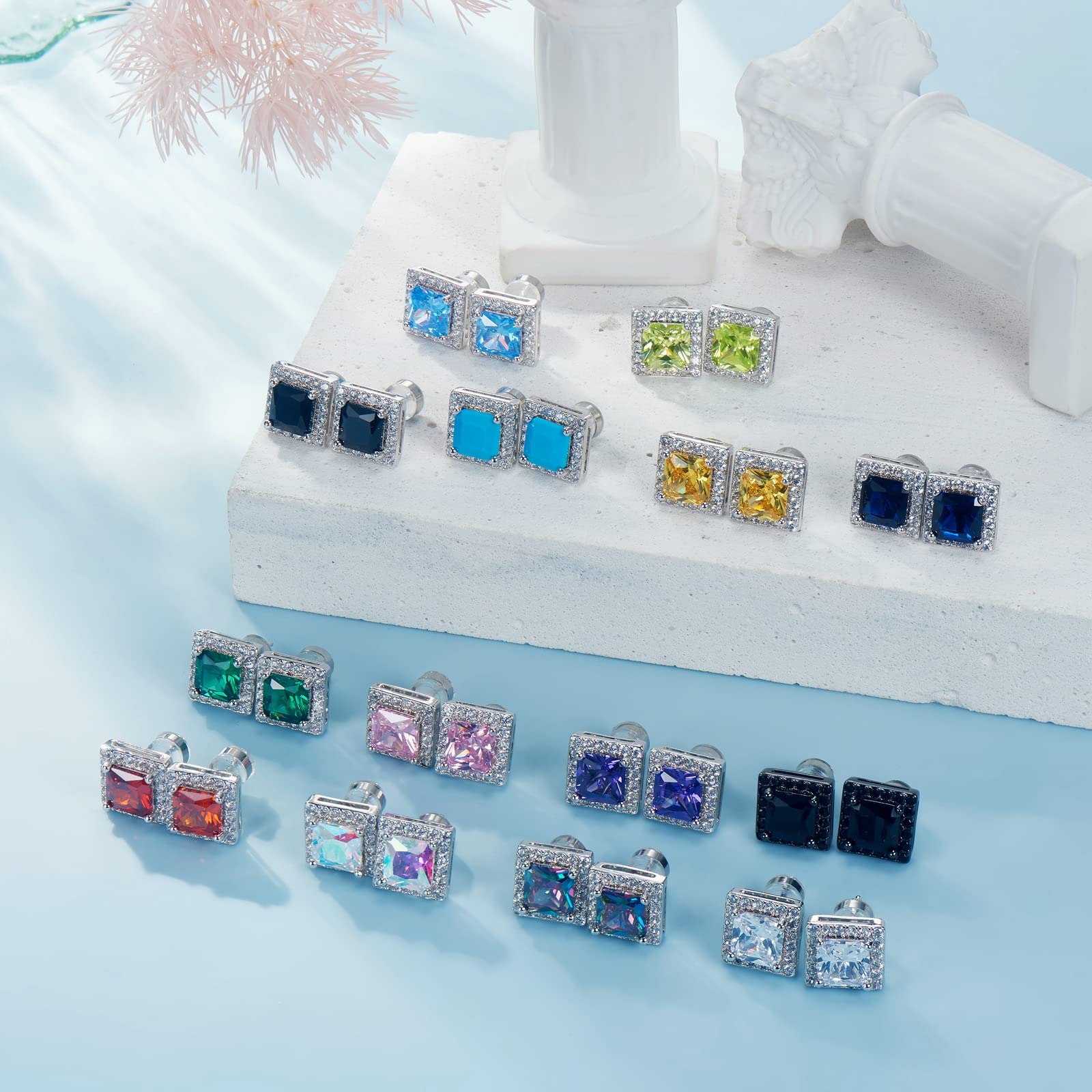 Stud Earrings For Women Men 2 Pairs Sterling Silver Post Round Princess Cut Rainbow Cubic Zirconia CZ Birthstone Jewelry Gifts weinuo