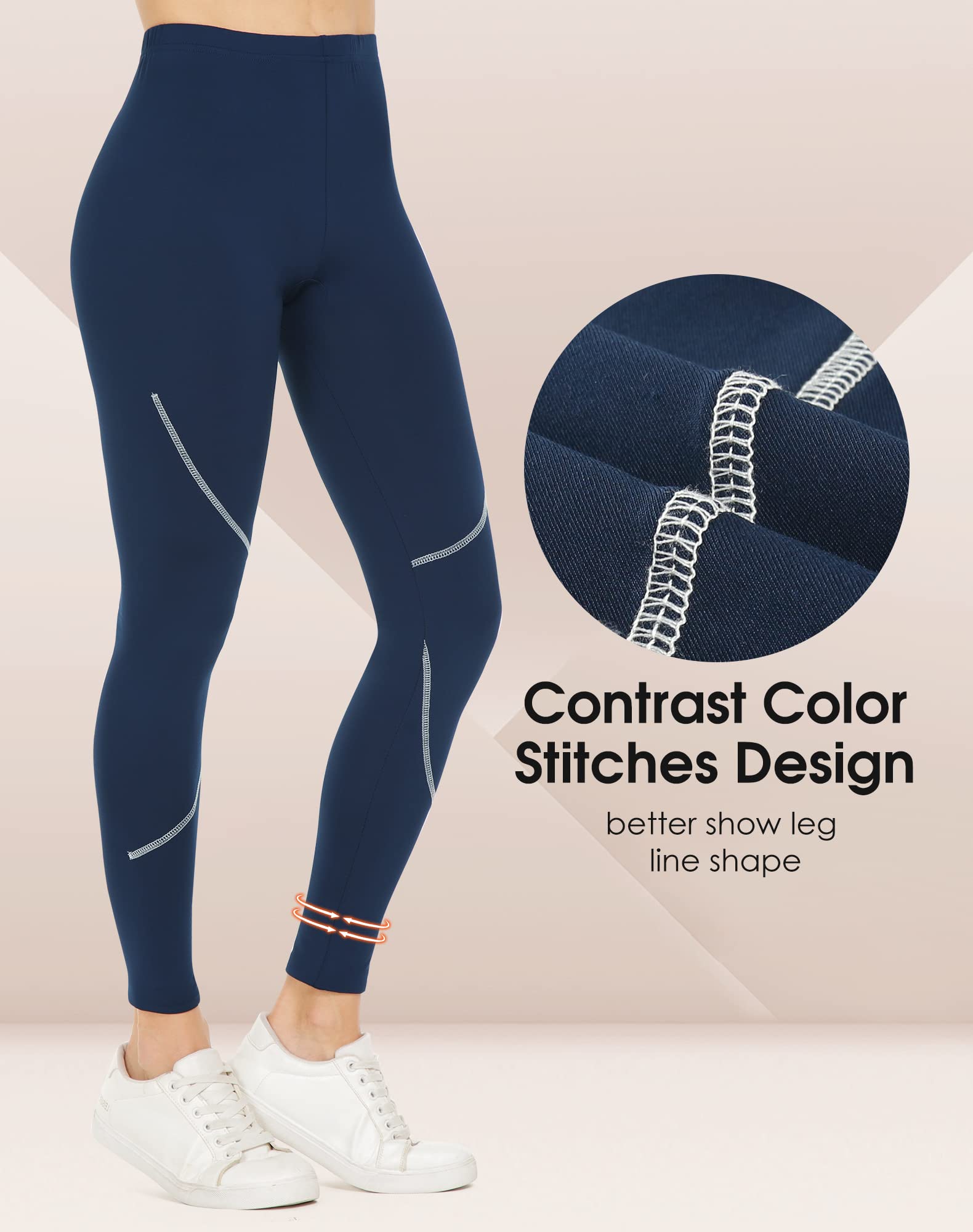 MANCYFIT Thermal Pants Women Fleece Lined Leggings Womens Thermal Underwear Bottoms Contrast Color Stitching Winter Leggings Navy and White Lines X-Small