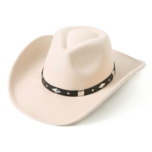 lanzom women men classic felt wide brim western cowboy cowgirl hat with belt buckle(medium,beige)