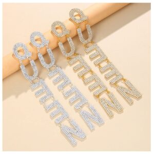 Boho Crystal Tassel Pendant Earrings Rhinestones Long Letter Earrings Flash Diamonds Bridal Body Jewelry For Women (QUEEN-gold)