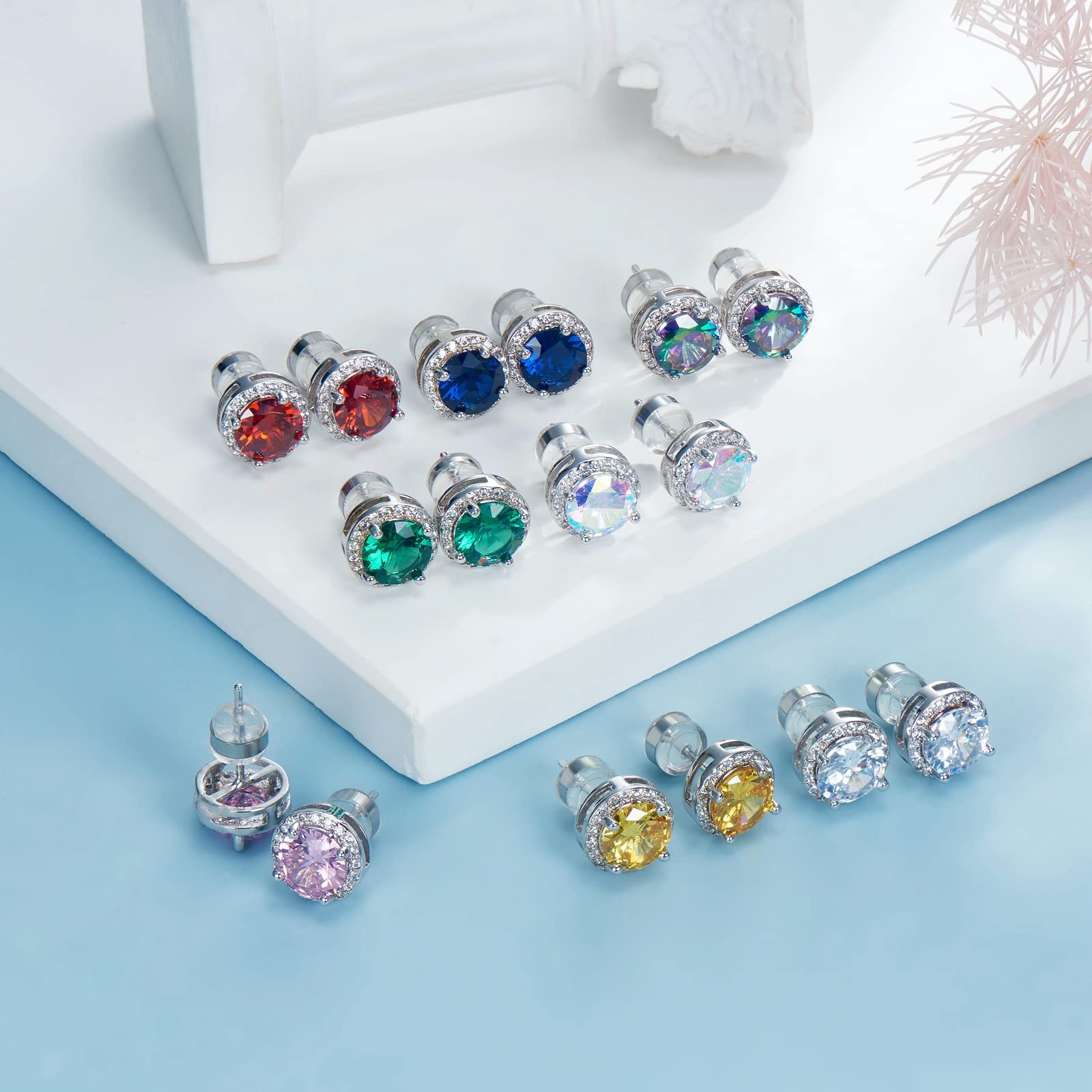 Stud Earrings For Women Men 2 Pairs Sterling Silver Post Round Princess Cut Rainbow Cubic Zirconia CZ Birthstone Jewelry Gifts weinuo