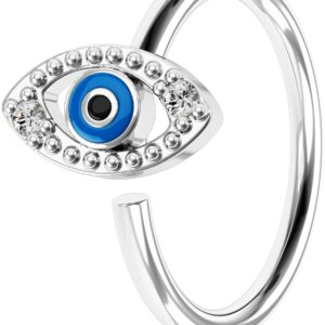 OUFER 20G Nose Ring Hoop，316L Stainless Steel Blue Evil Eye Cartilage Earrings，Nose Piercing Jewelry for Women and Men Silver Color