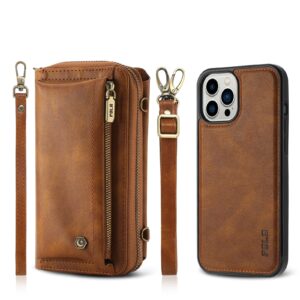 nincyee multifunction wallet case for iphone 12 pro max,large capacity leather zipper clutch bag case with shoulder strap brown