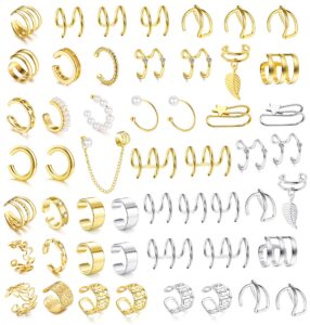 dochais 52 pcs helix cartilage clip on wrap fake earrings ear cuffs for women men non piercing ear clip (gold/silver)