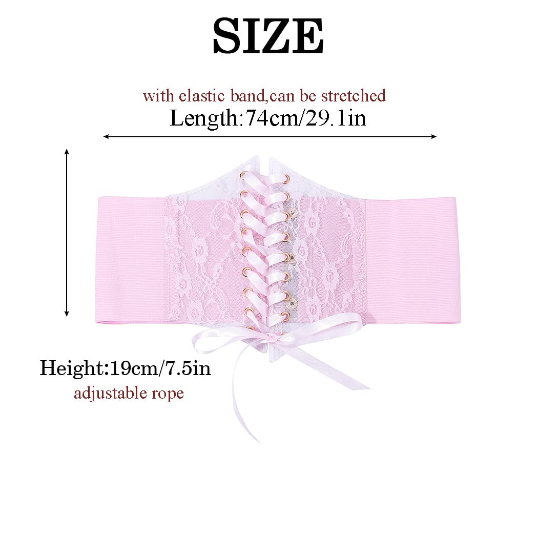 BODIY Women Lace Corset Belts Pink Elastic Cinch Belt Tied Waspie Wide Waist Bustiers for Dress Costume Dance Halloween Rave Accessory