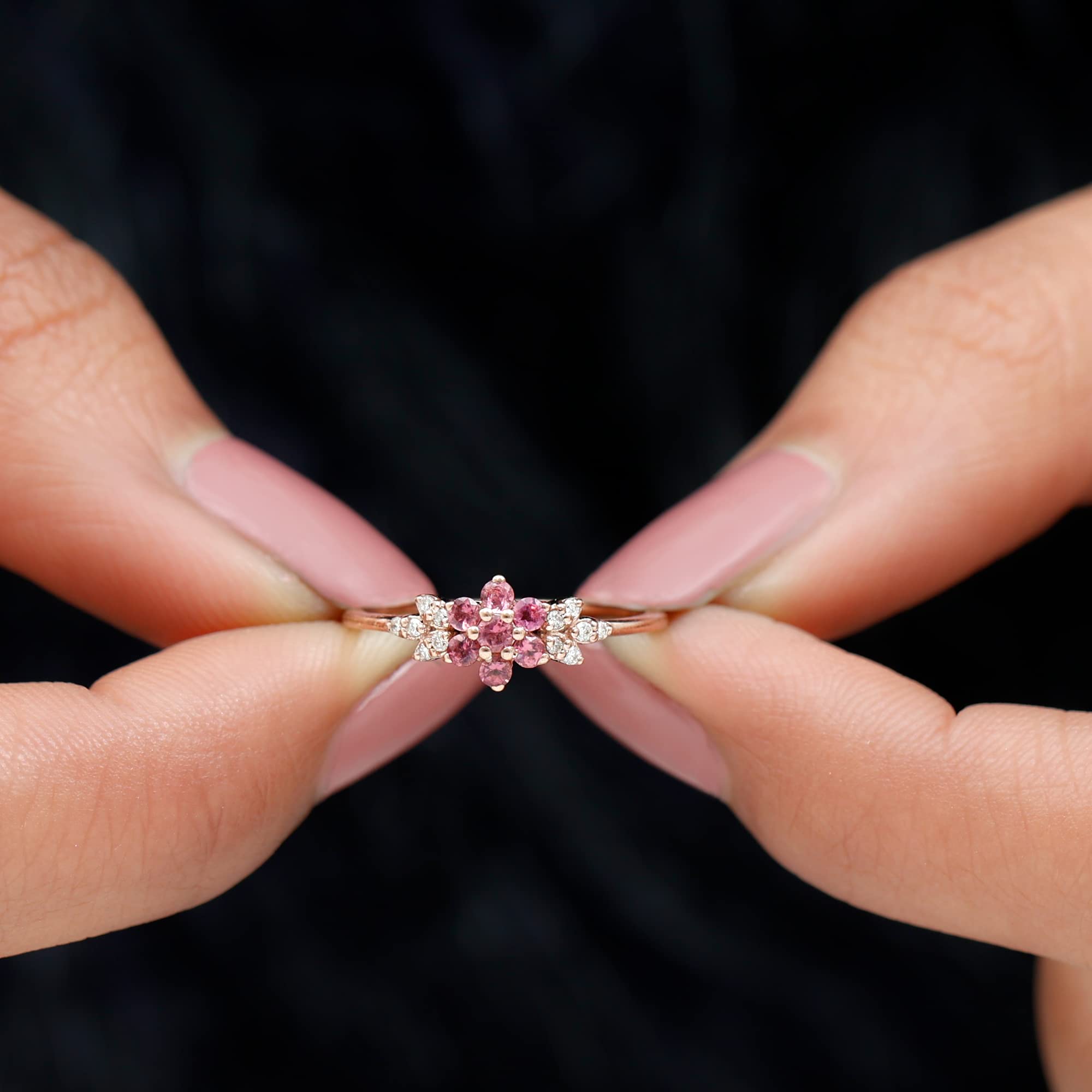 Pink Tourmaline Ring for Women, Pink Tourmaline and Diamond Ring, Tourmaline Flower Cluster Ring, October Birthtone Floral Ring, 14K Rose Gold, Size:US 4.50