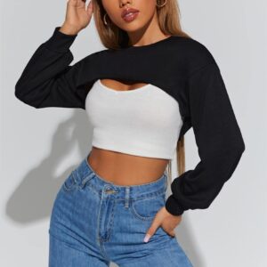 LovelyWholesale Womens Crewneck Cropped Sweatshirt Long Sleeve Super Crop Top Workout Gym Aesthetic Sweat Shirt Black Small