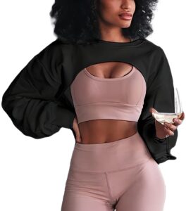 lovelywholesale womens crewneck cropped sweatshirt long sleeve super crop top workout gym aesthetic sweat shirt black small