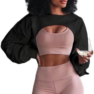 LovelyWholesale Womens Crewneck Cropped Sweatshirt Long Sleeve Super Crop Top Workout Gym Aesthetic Sweat Shirt Black Small