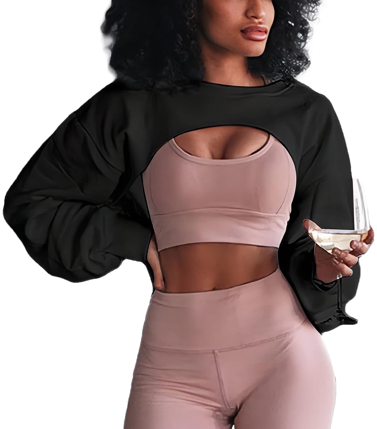 LovelyWholesale Womens Crewneck Cropped Sweatshirt Long Sleeve Super Crop Top Workout Gym Aesthetic Sweat Shirt Black Small