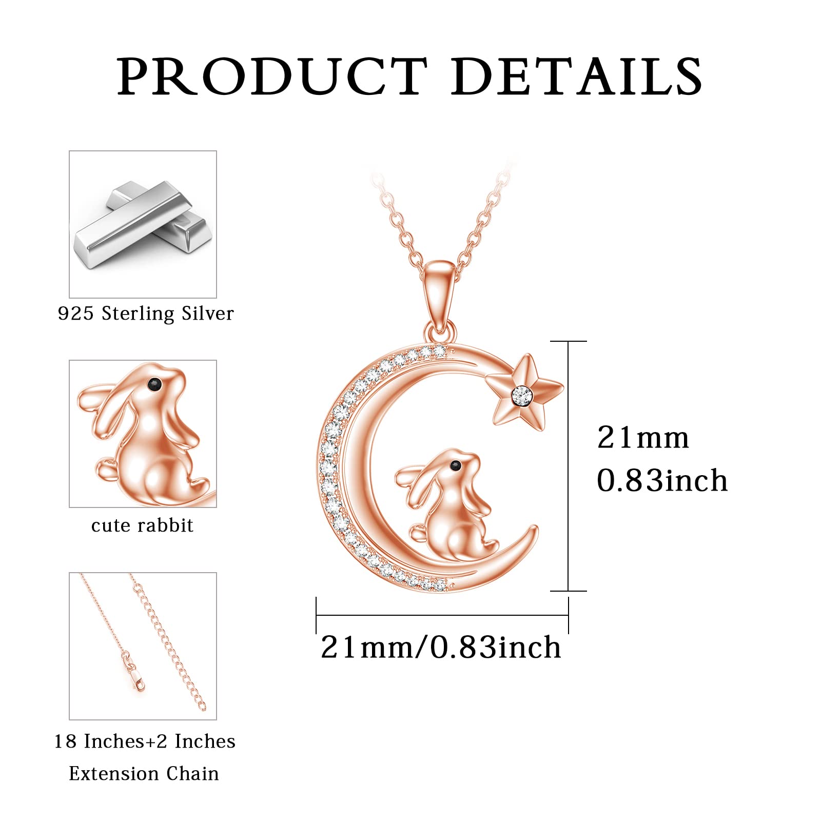 Aututer Bunny Necklace Sterling Silver Rabbit Necklace Crescent Moon Necklace with Star Bunny Jewelry for Women Teen Girls Animal Themed Gifts Back to School Gifts