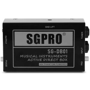 sgpro active direct box, recording signal di box for musical instruments as guitar, bass guitar, and keyboard live performance or studio, 1/4" to xlr, ground lift 48v phantom powered compact unit