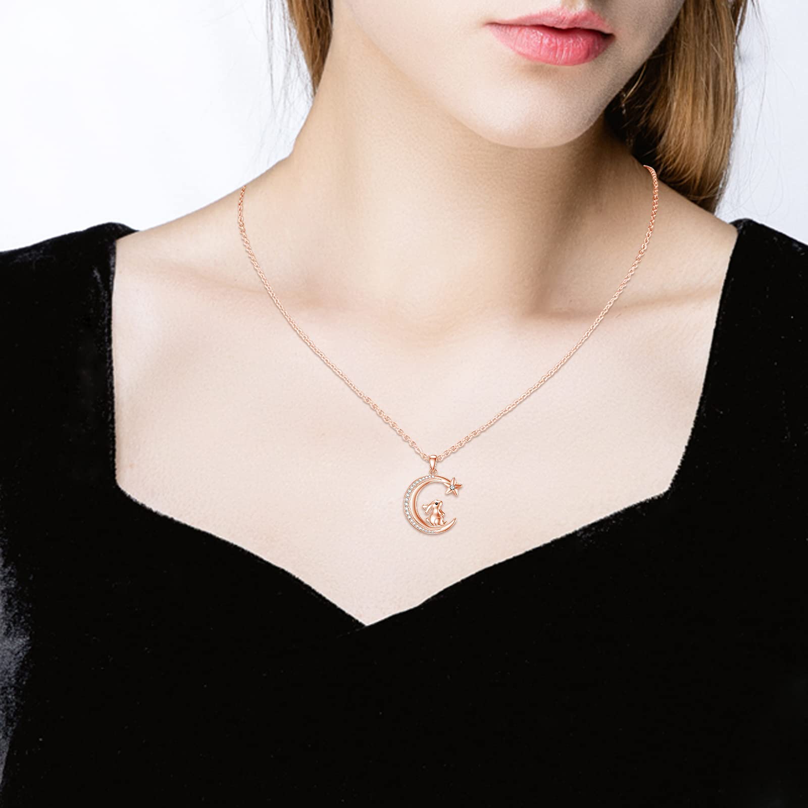 Aututer Bunny Necklace Sterling Silver Rabbit Necklace Crescent Moon Necklace with Star Bunny Jewelry for Women Teen Girls Animal Themed Gifts Back to School Gifts