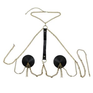 caviotess pu leather metal chain tassel nipple cover with choker, sexy reusable round pasties bondage body chain harness black