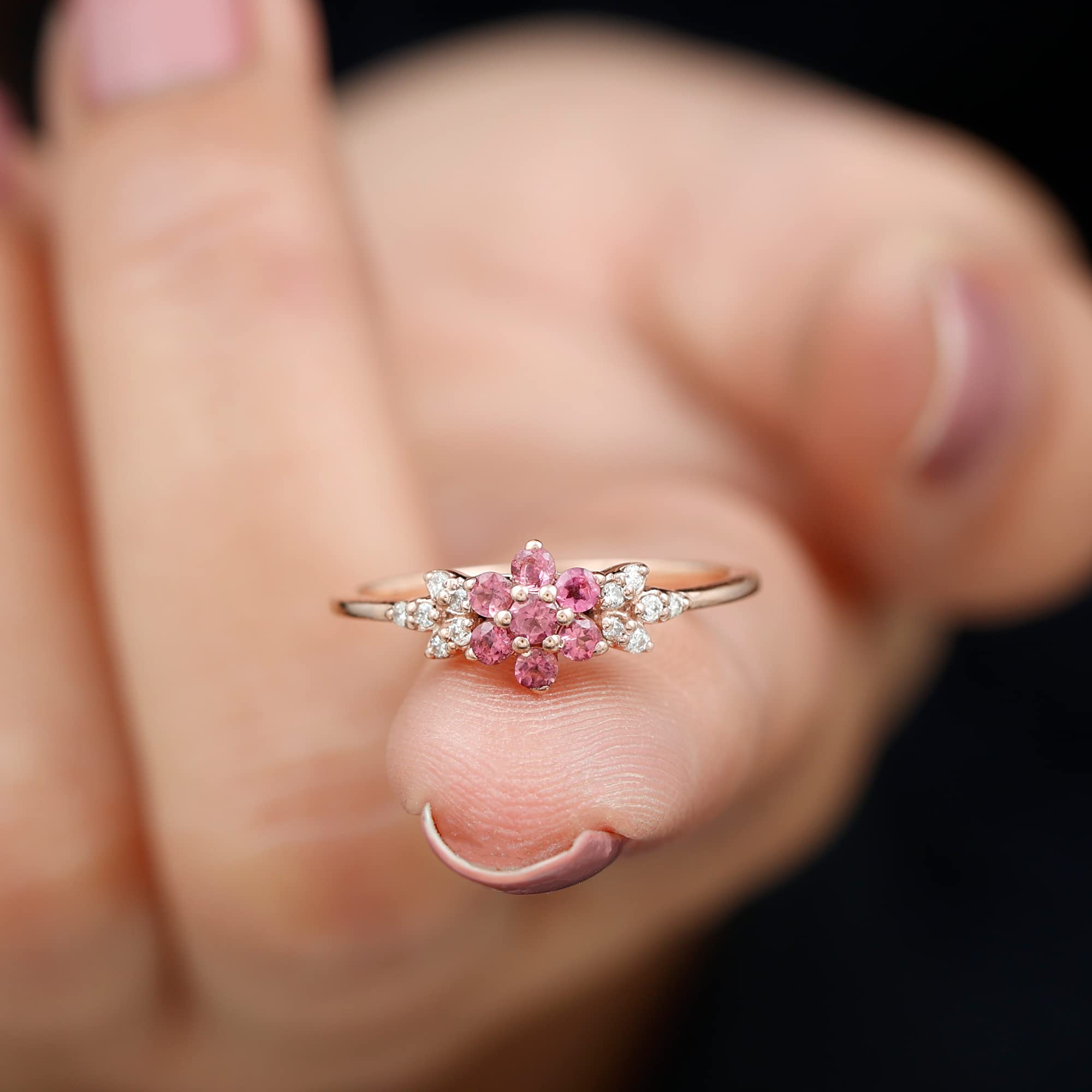 Pink Tourmaline Ring for Women, Pink Tourmaline and Diamond Ring, Tourmaline Flower Cluster Ring, October Birthtone Floral Ring, 14K Rose Gold, Size:US 4.50