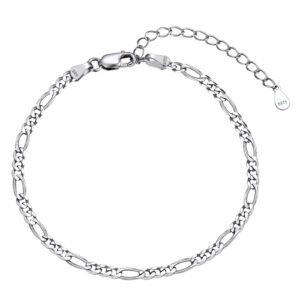 silver bracelets for women thin simple figaro link chain bracelets 925 sterling silver 3mm layering wrist chain everyday jewelry