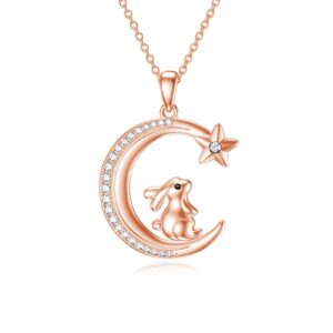 aututer bunny necklace sterling silver rabbit necklace crescent moon necklace with star bunny jewelry for women teen girls animal themed gifts back to school gifts