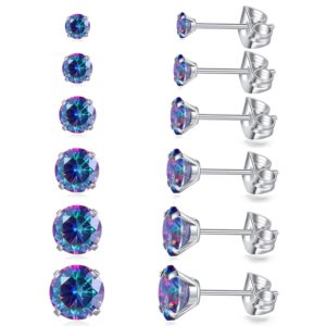 6 pairs stud earrings set, hypoallergenic cubic zirconia earrings 316l stainless steel cz earrings 3-8mm (rainbow cz)