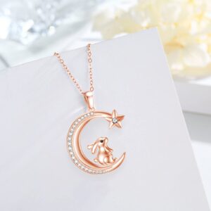 Aututer Bunny Necklace Sterling Silver Rabbit Necklace Crescent Moon Necklace with Star Bunny Jewelry for Women Teen Girls Animal Themed Gifts Back to School Gifts