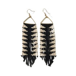 ink + alloy women's fringe seed bead dangle earrings handmade jewelry for the modern bohemian (black with ivory arrow), 4.5-inches