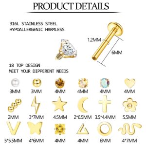 FIBO STEEL 18 Pcs 16G Forward Labret Helix Earrings Lip Nose Studs for Women Stainless Steel Tragus Medusa Conch Piercing Lip Jewelry Monroe Piercings Jewelry 6mm Gold-Tone