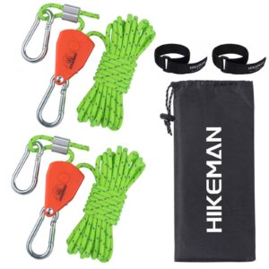 hikeman camping rope with ratchet pulley,quick setup outdoor guy lines adjustable tent tie downs rope hanger for canopy,kayak and canoe,grow light (fluorescent green)